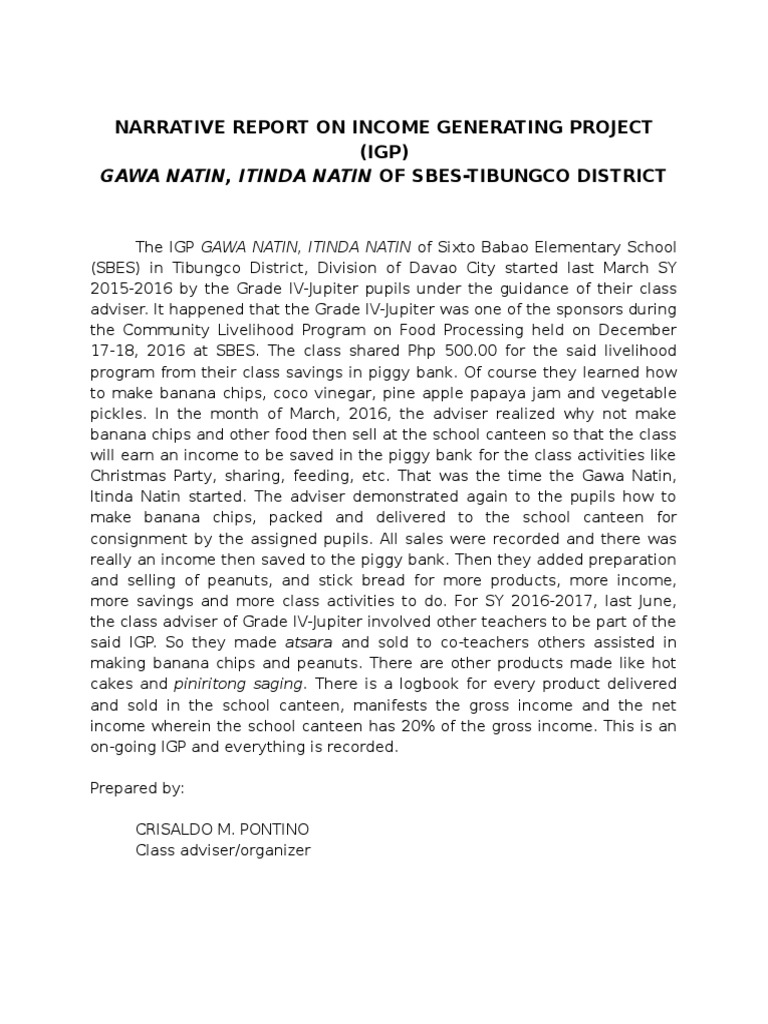 Narrative Report On Income Generating Project | PDF
