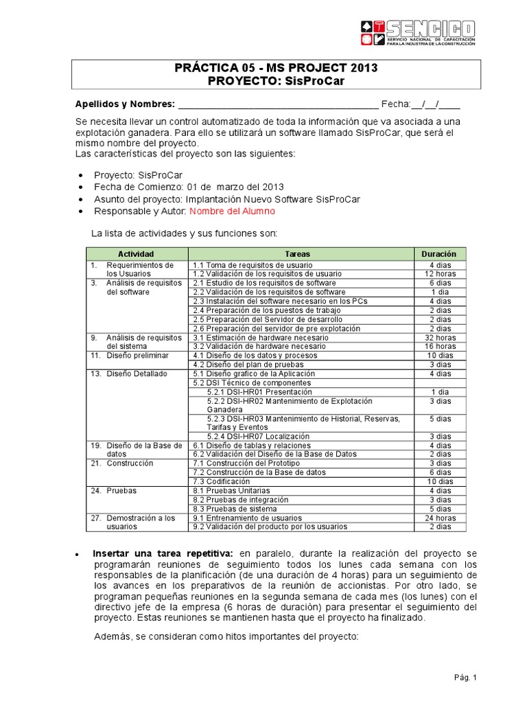 Practica 05 - Ms Project - Sisprocar | PDF | Servidor (Computación) | Software
