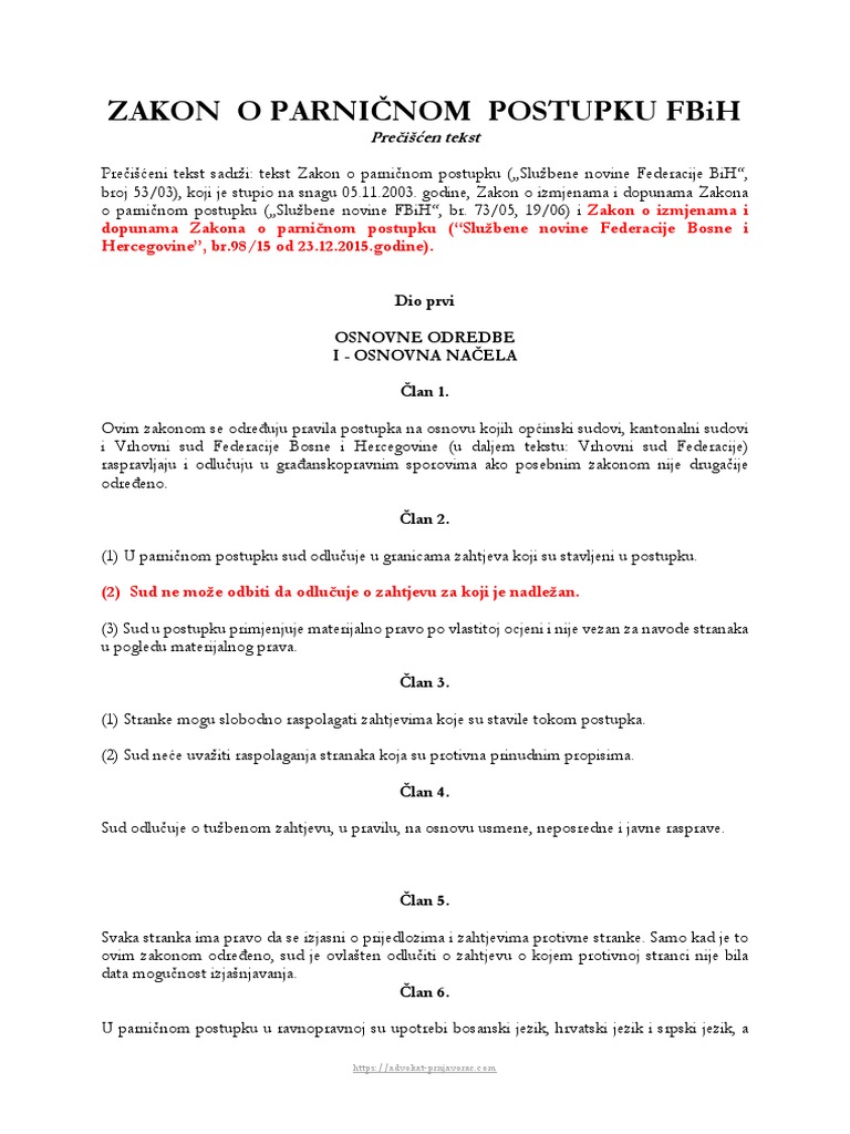 Zakon o Parnicnom Postupku FBiH Precisceni Tekst 2015 | PDF