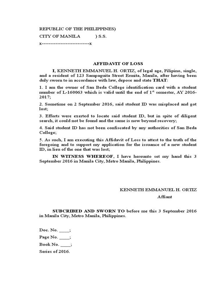 Affidavit of Loss I, KENNETH EMMANUEL H. ORTIZ, of Legal Age, Filipino ...