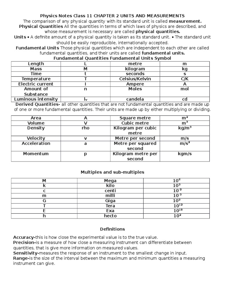 Physics Notes Class 11 CHAPTER 2 UNITS AND MEASUREMENTS | PDF