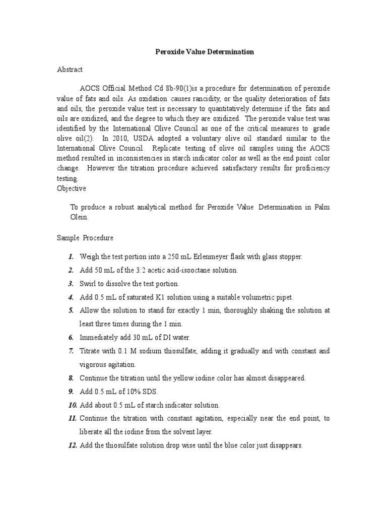 Peroxide Value Determination | PDF | Titration | Chemistry