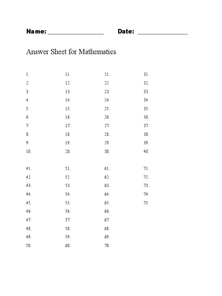 Answer Sheet For Mathematics: Name: - Date | PDF
