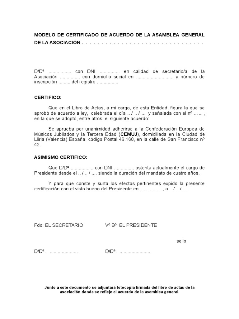 Modelo de Certificado de Acuerdo de La Asamblea General de La ... Modelo de Certificado de Acuerdo de La Asamblea General de La ...