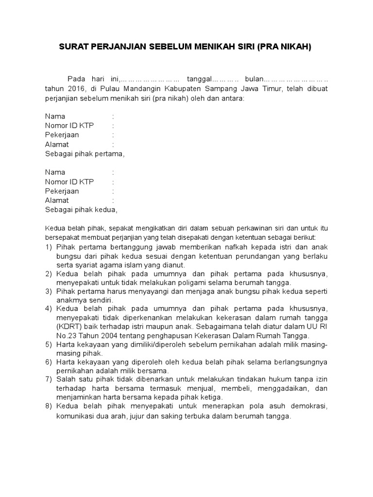 Surat Perjanjian Pra Nikah Siri | PDF