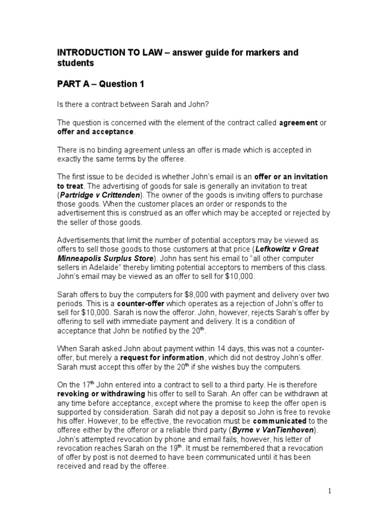 INTRODUCTION TO LAW - Answer Guide For Markers and Students PART A ...