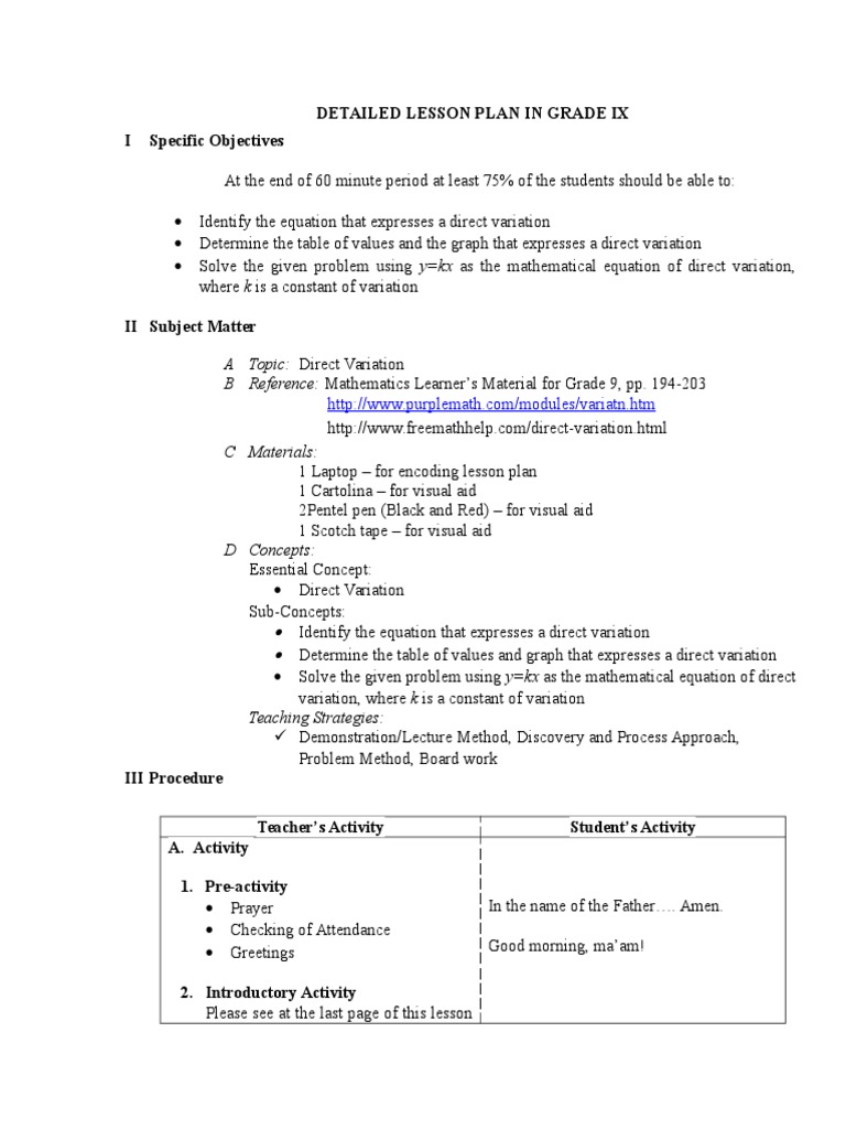 DLP Direct Variation | PDF | Teaching Mathematics | Cognition
