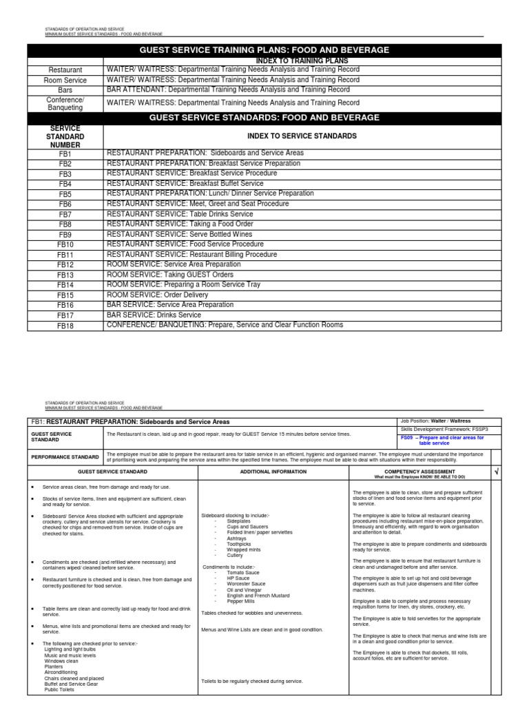 Food and Beverage Service Standards | PDF | Waiting Staff | Tableware