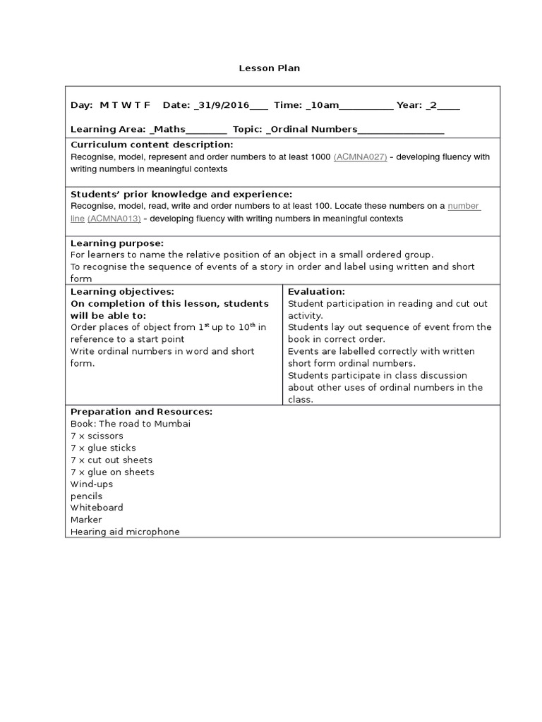 Grade 2 Ordinal Numbers Lesson Plan | PDF | Lesson Plan | Teaching