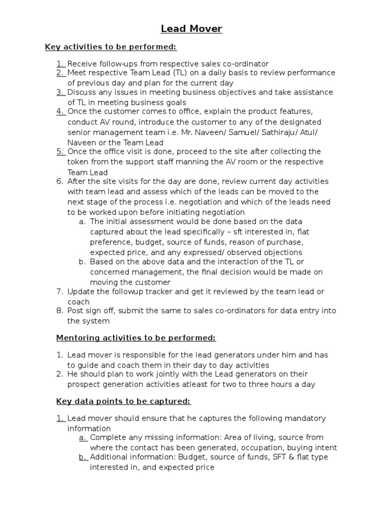 Lead Mover: Key Activities To Be Performed | PDF