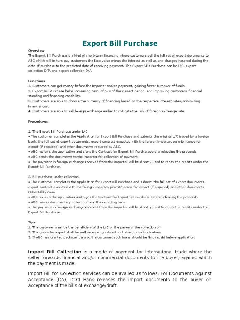 Export Bill Purchase: Import Bill Collection Is A Mode of Payment For ...