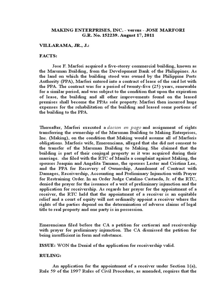 Making Enterprises V Marfori | PDF | Receivership | Equity (Law)