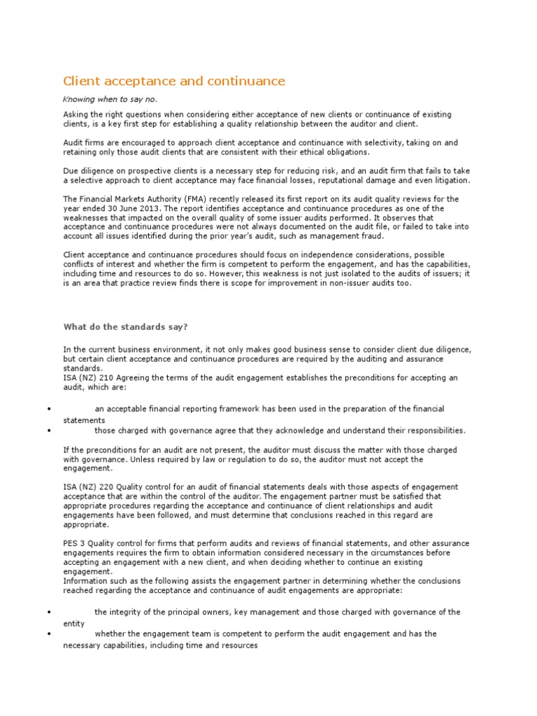 Client Acceptance and Continuance in Auditing | PDF | Financial Audit ...