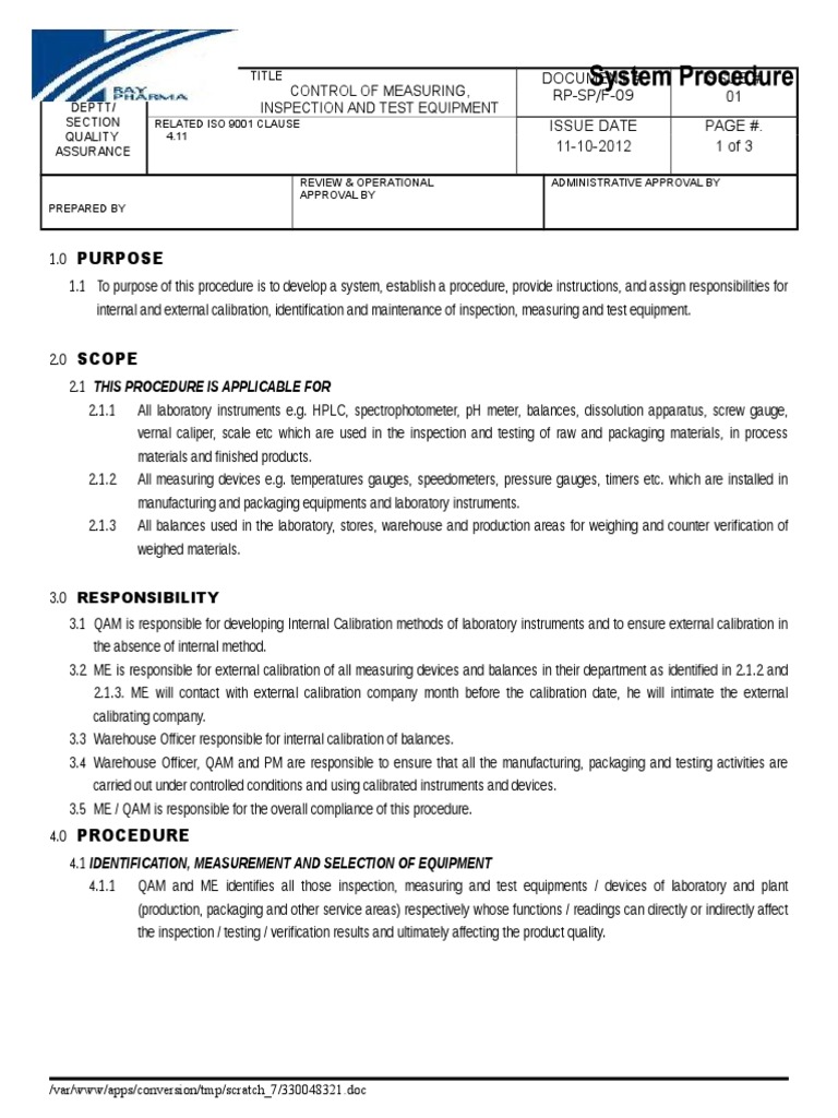 Control of Measuring, Inspection and Test Equipment | PDF | Calibration ...