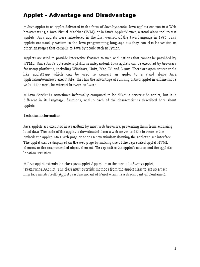 Applet - Advantage and Disadvantage | PDF | Java Virtual Machine | Java (Programming Language)