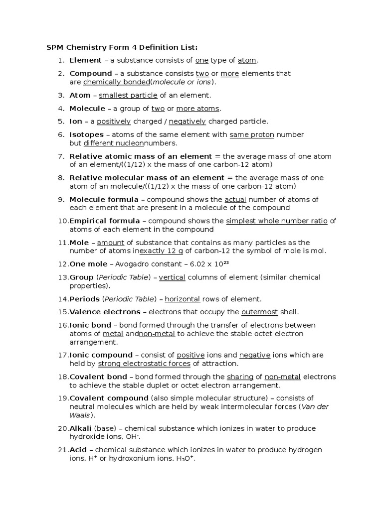 SPM Chemistry Definition List | PDF | Molecules | Atoms