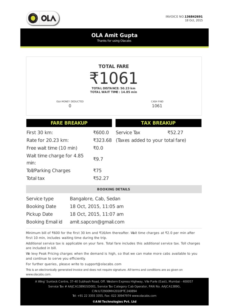 Ola Cab Invoice for Amit Gupta Detailing Trip Fare of Rs. 1061 for 50. ...