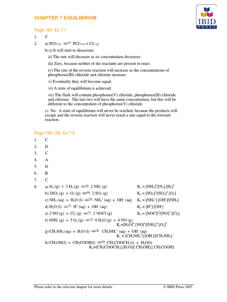Chapter 7 IB CHEMISTRY ANSWERS | PDF | Chemical Equilibrium ...