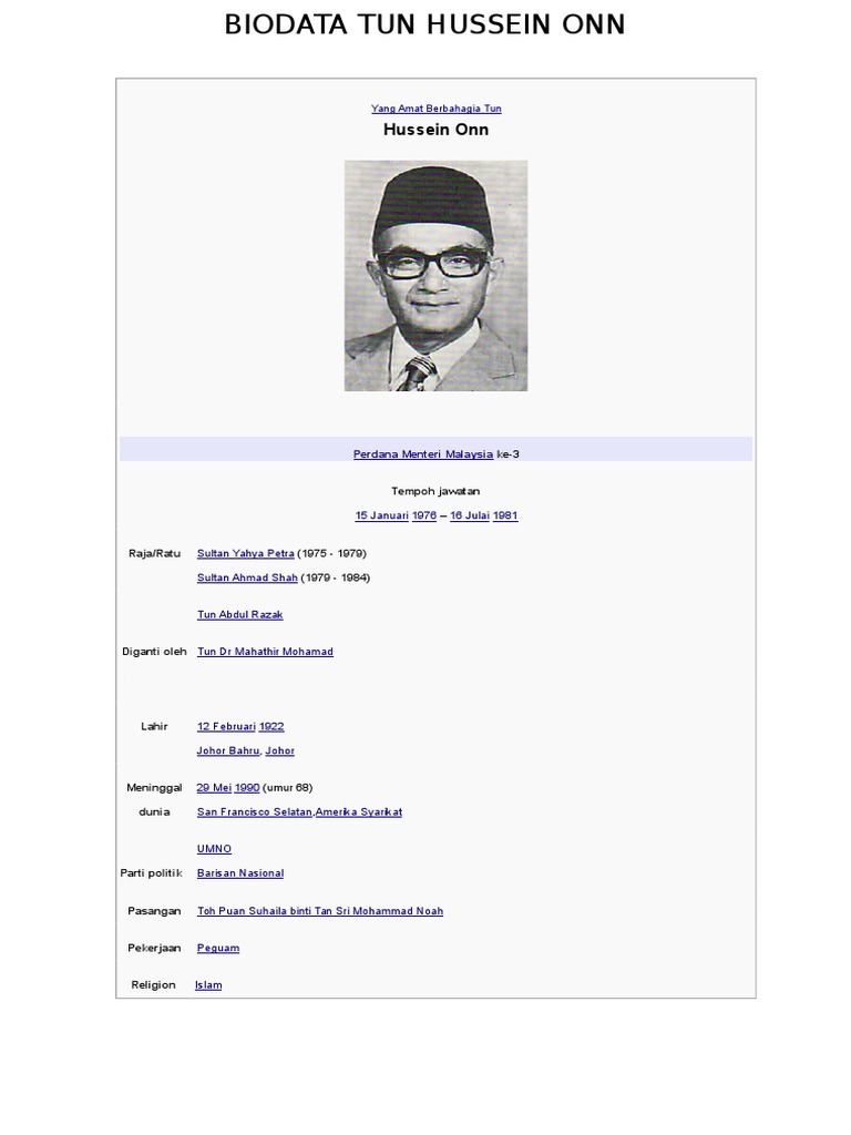 Biodata Tun Hussein Onn | PDF