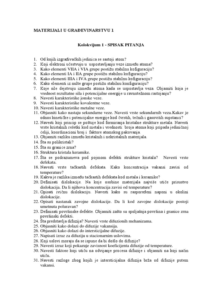 Kolokvijum 1 - Spisak Pitanja | PDF