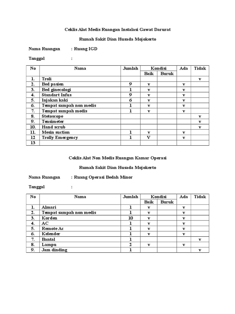 Ceklis Alat Medis Ruangan Kamar Operasi | PDF | Sains & Matematika