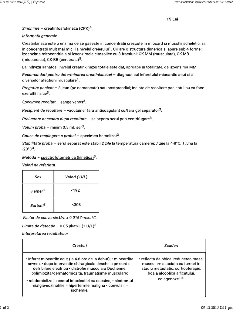 Creatinkinaza (CK) - Synevo | PDF