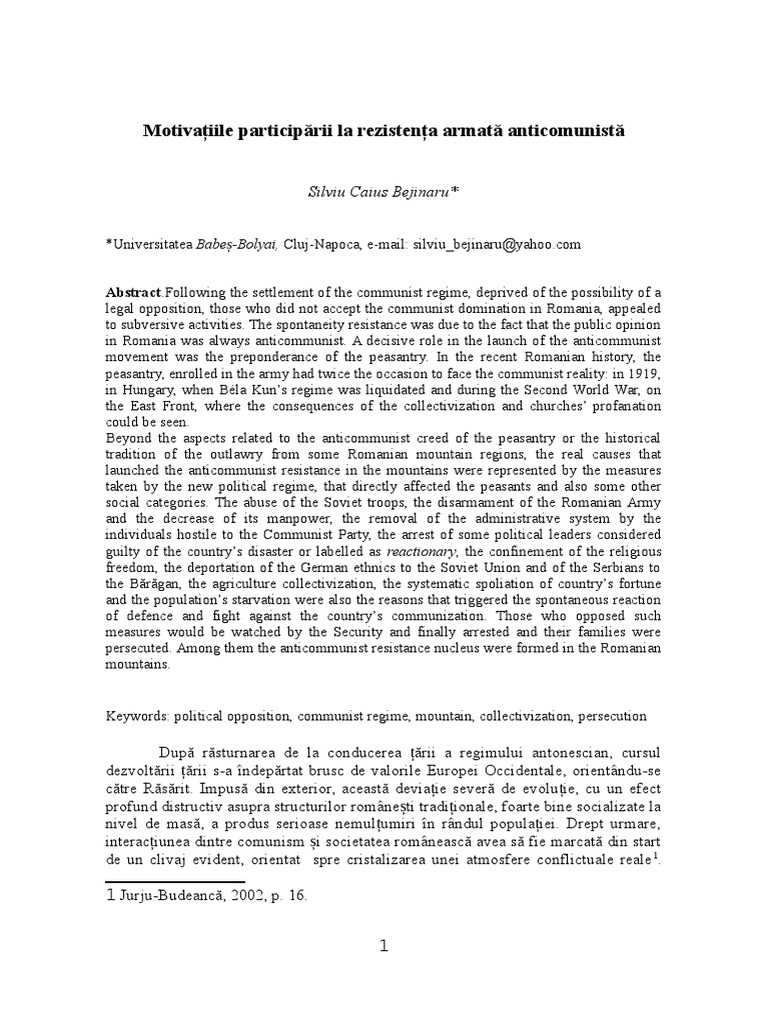 Motivatiile Participarii La Rezistenta Armata Anticomunista | PDF