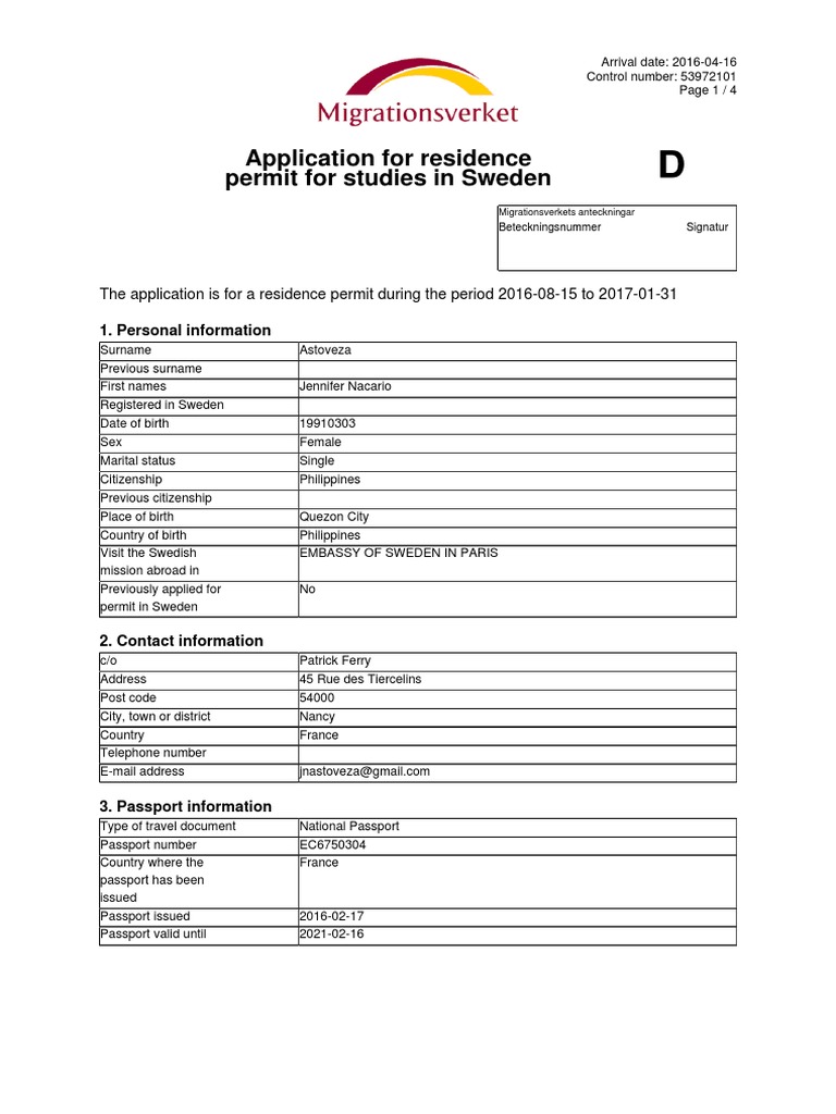 Residence Permit Application | Passport | Sweden