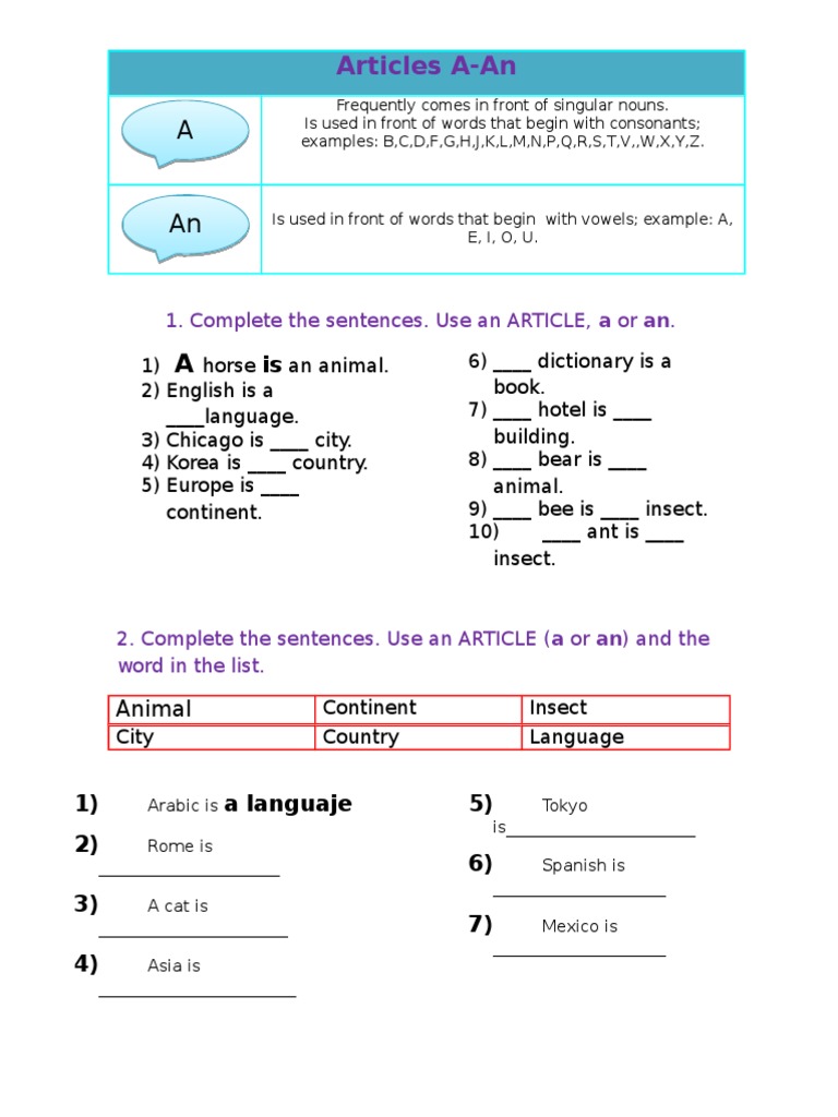Articles A-An: 1. Complete The Sentences. Use An ARTICLE, A or An ...