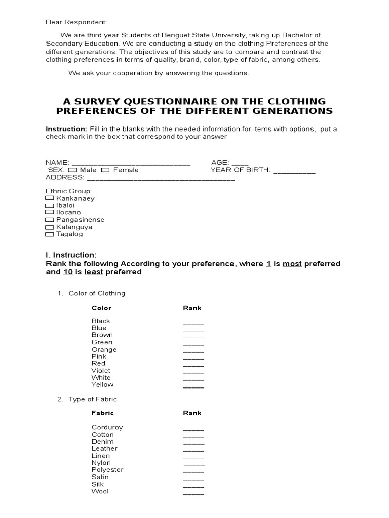 A Survey Questionnaire On The Clothing Preferences of The Different ...