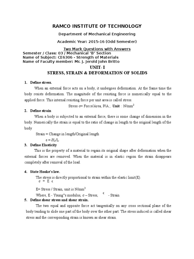 2 MARKS MOM With Answers | PDF | Bending | Beam (Structure)