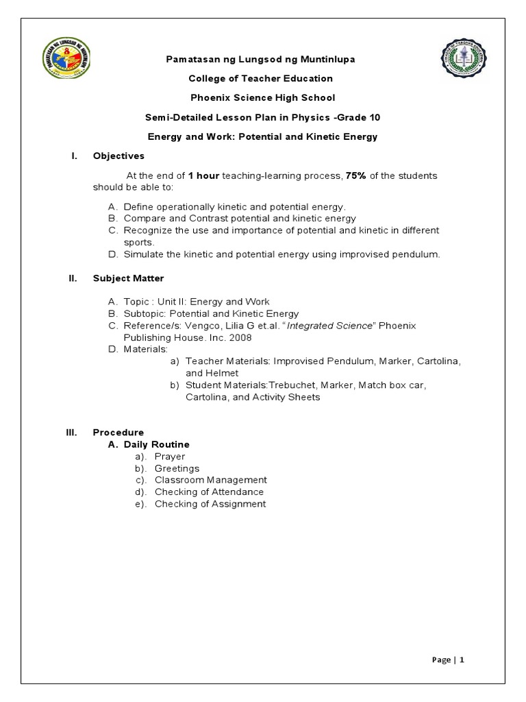 Lesson Plan (Potential and Kinetic) | PDF | Kinetic Energy | Potential ...