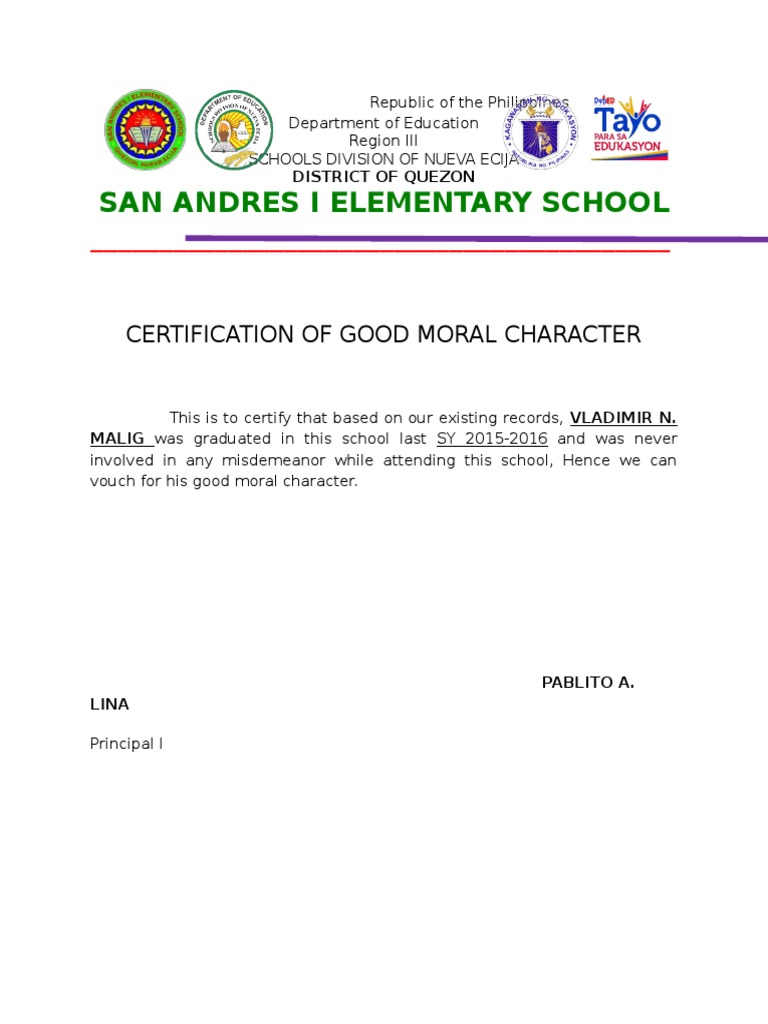 San Andres I Elementary School: Certification of Good Moral Character ...