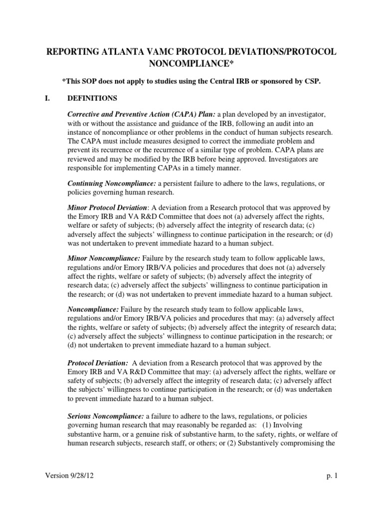 Protocol Deviation Noncompliance Sop 092812 | PDF | Institutional Review Board | Audit