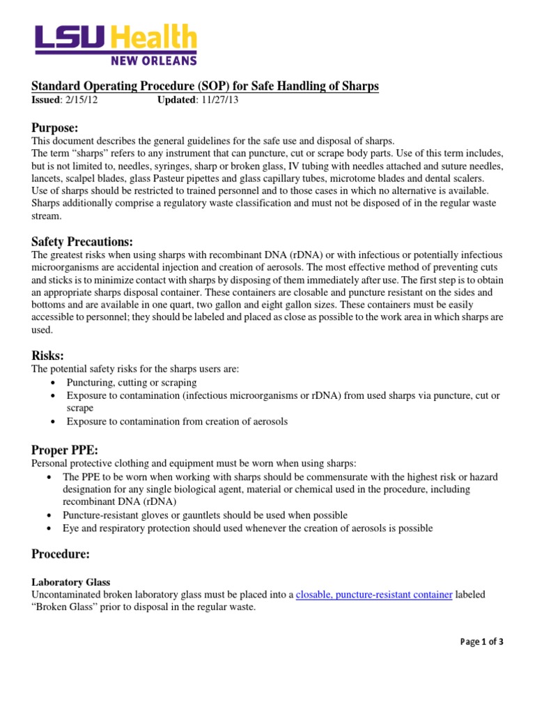 Standard Operating Procedure (SOP) For Safe Handling of Sharps PDF ...