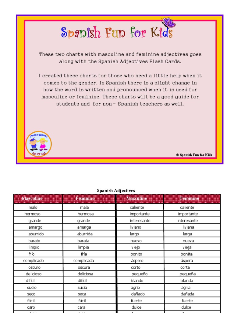 Spanish Adjectives Charts For Masculine and Feminine | PDF | Rules ...
