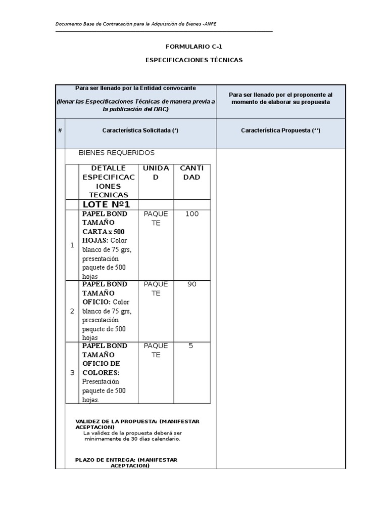 Formulario c1 Especificaciones Tecnicas | PDF