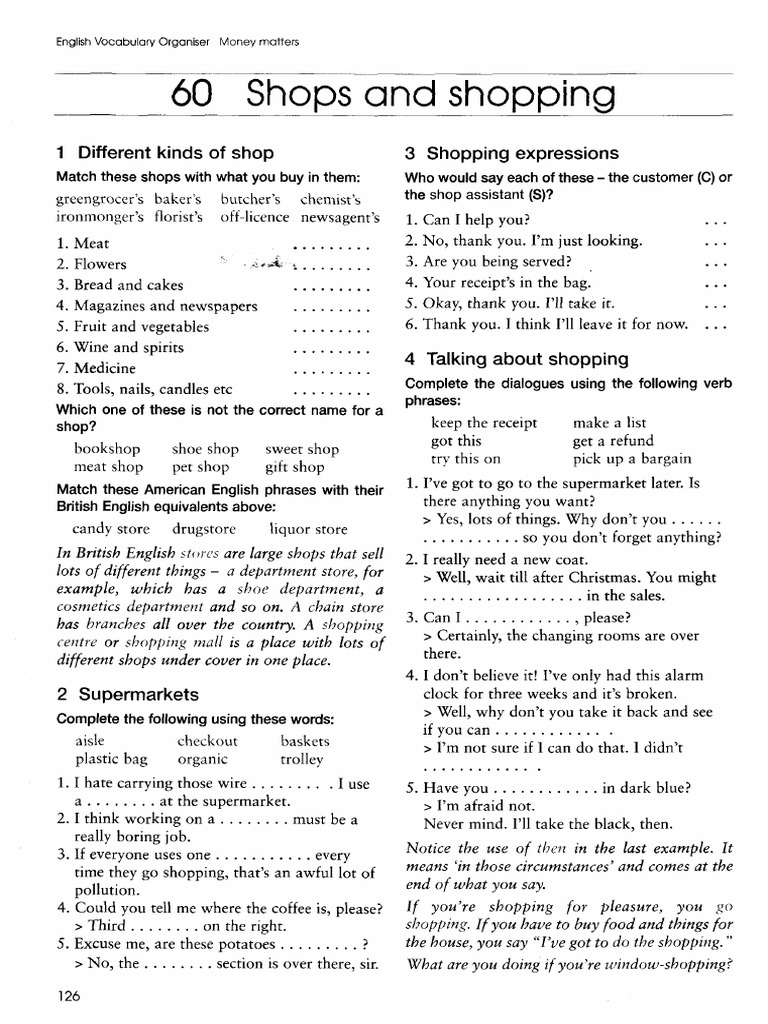 Shopping Vocabulary Exercises | PDF