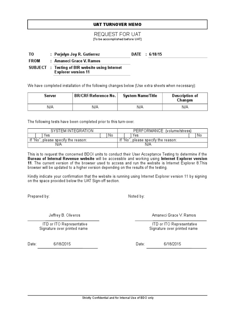 UAT Turn Over Memo - BIR | PDF | Internet Explorer | Internet