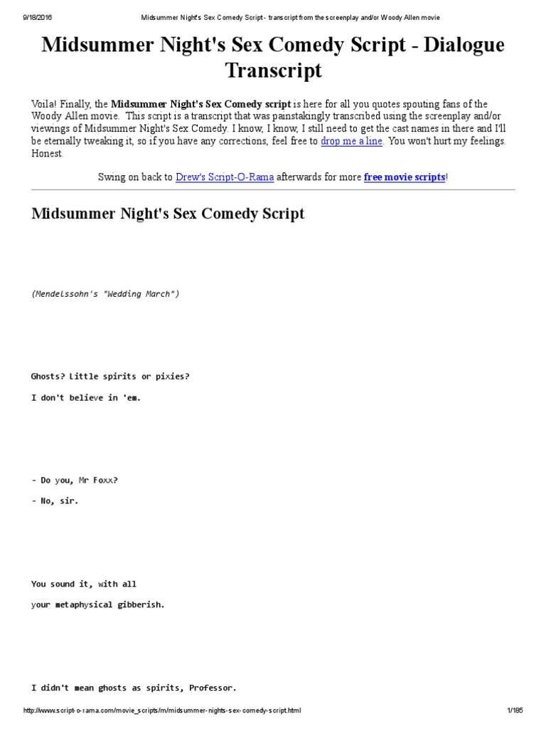 Midsummer Night's Sex Comedy Script - Transcript From The Screenplay and - or Woody Allen Movie ...