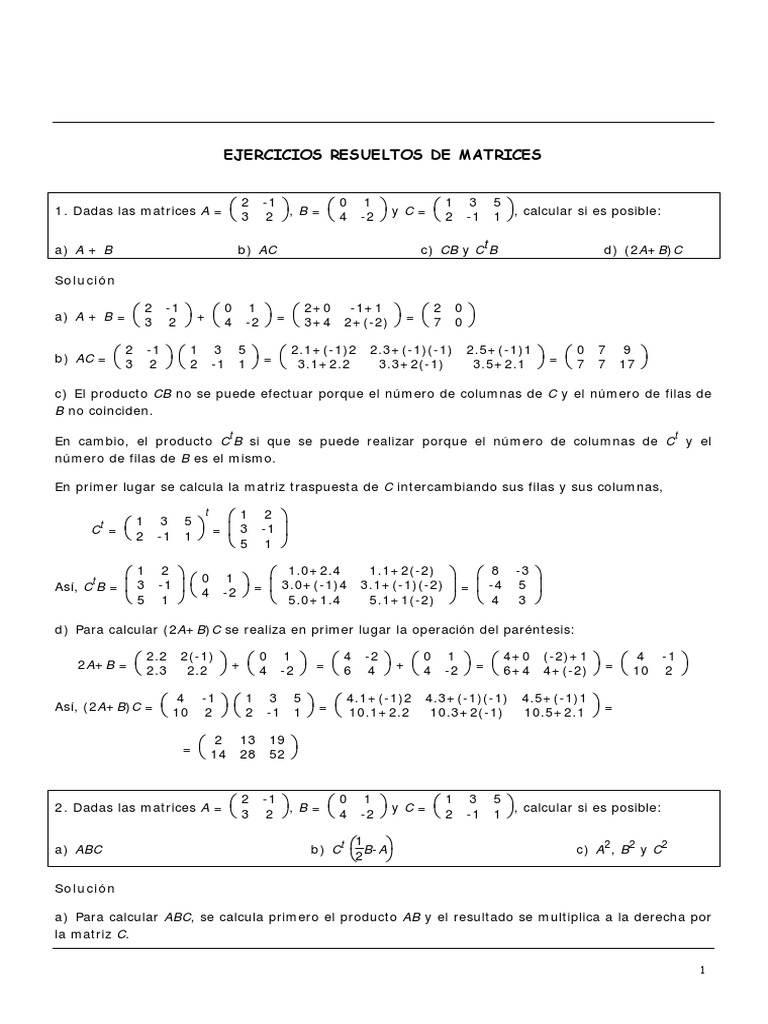 Ejercicios Resueltos de Matrices | Matriz (Matemáticas) | Teoría de la ...