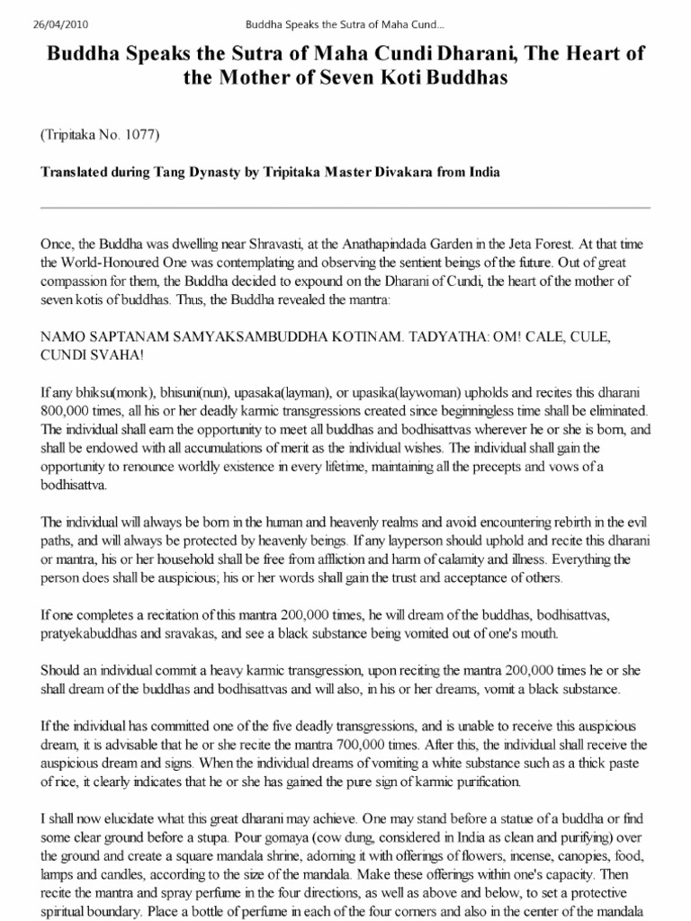 Buddha Speaks The Sutra of Maha Cundi Dharani, The Heart of The Mother of Seven Koti Buddhas ...
