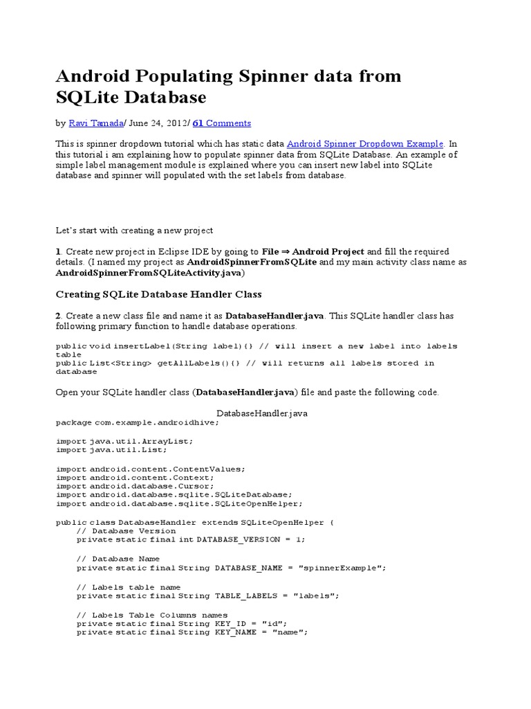 Android Populating Spinner Data From SQLite Database | PDF | Data | Software