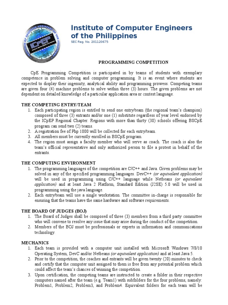 2016 ICpEP CpE Challenge Mechanics Programming Competition | PDF ...