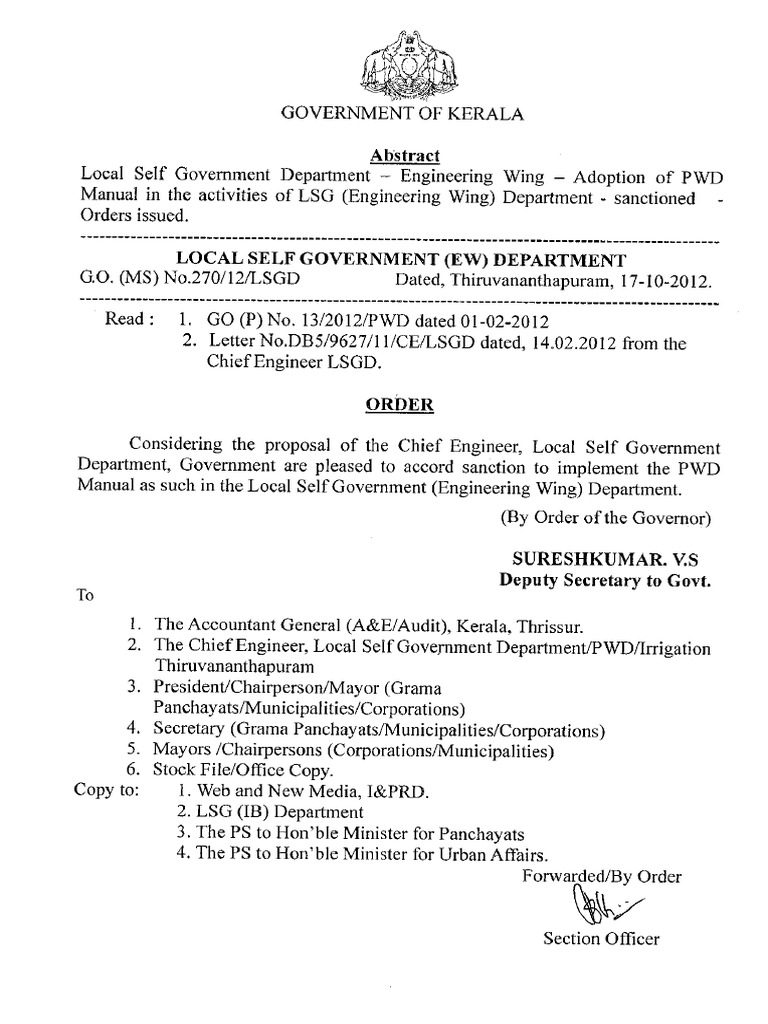 LSGD Adoption of Kerala PWD Manual in LSGD | PDF