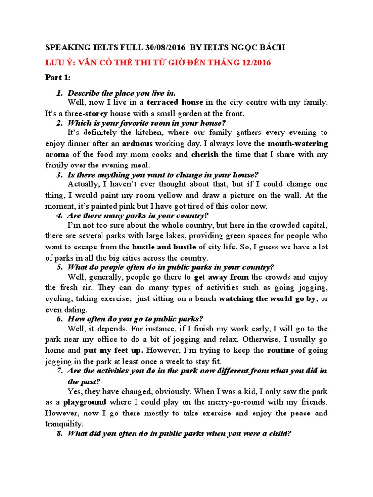 Script Ielts Speaking 300816 - Ielts Ngoc Bach | PDF | Friendship | Family