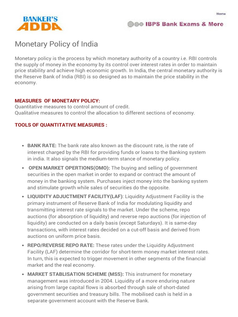 Monetary Policy of India | PDF | Reserve Bank Of India | Money