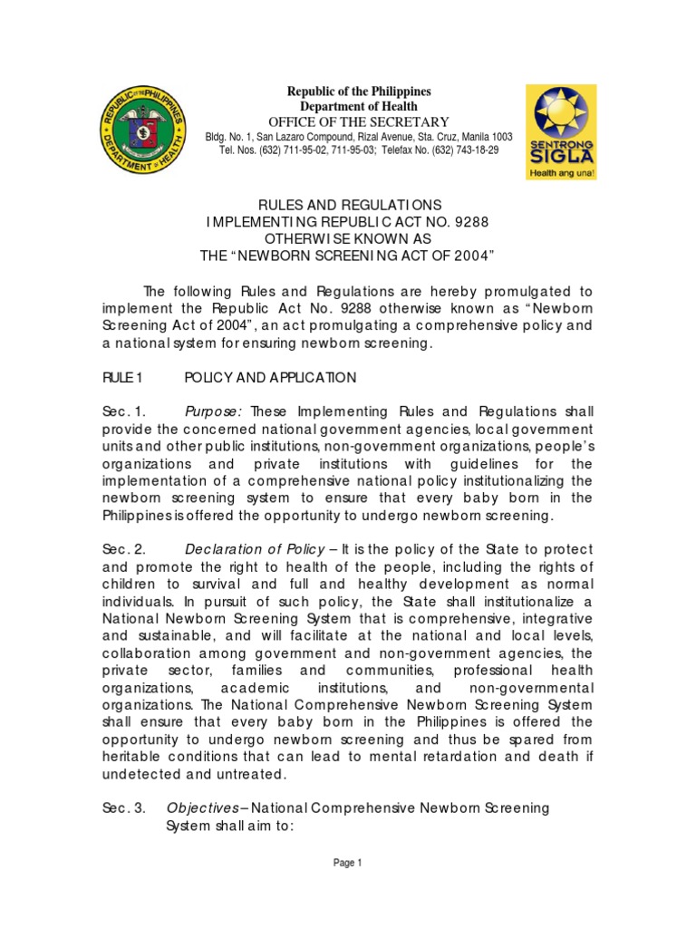 Implementing RA 9288: Newborn Screening | PDF | Health Professional ...