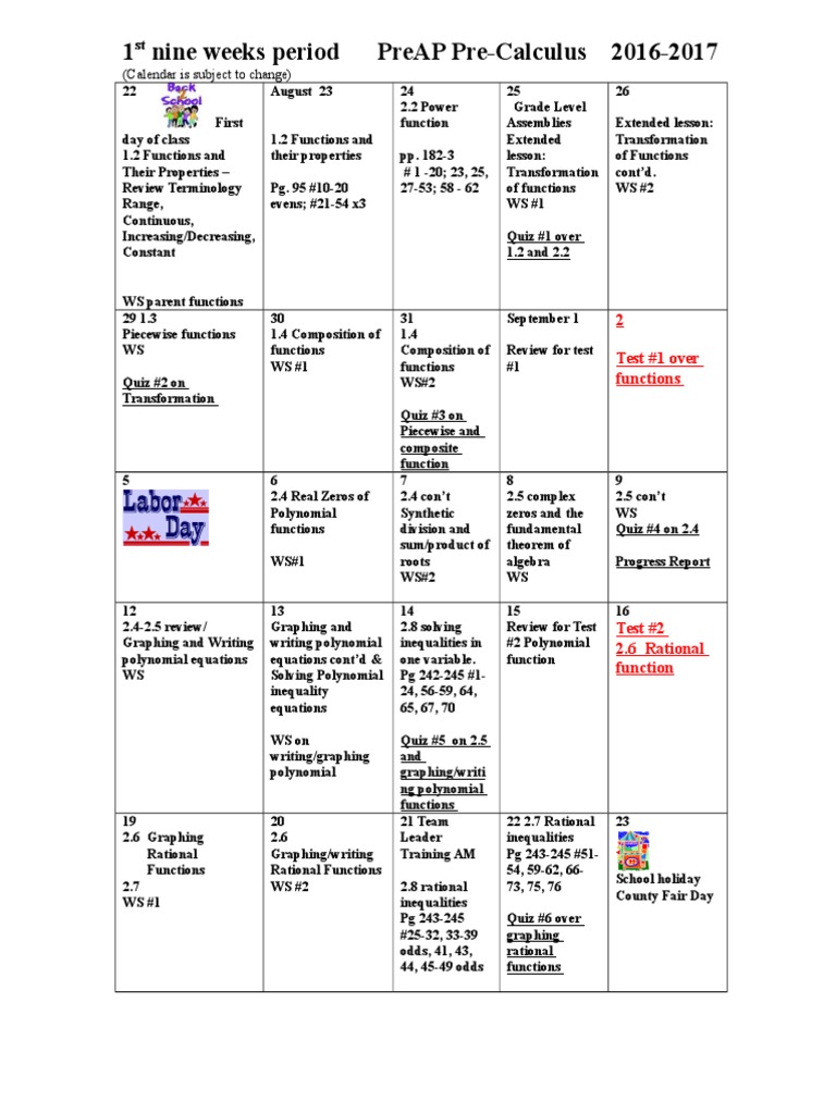 1st Nine Weeks Period With Assignments Calendar 2016-2017 | PDF
