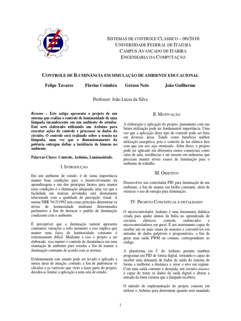 Relatorio Projeto de Controle de Iluminância | PDF | Rede elétrica | Arduino
